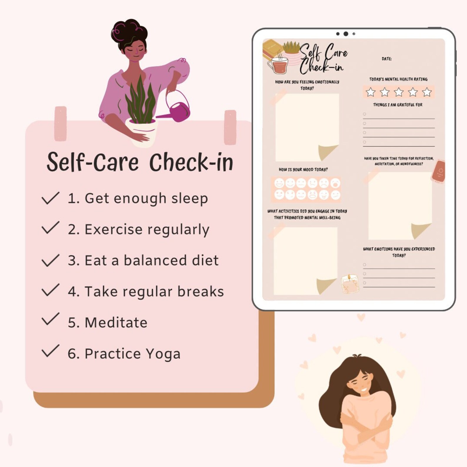 Printable Self-care Check-in Template, Self Care Routine, Daily ...