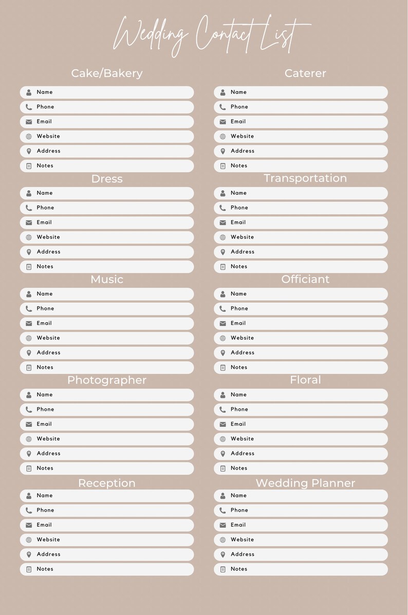 Wedding Contact List - Etsy