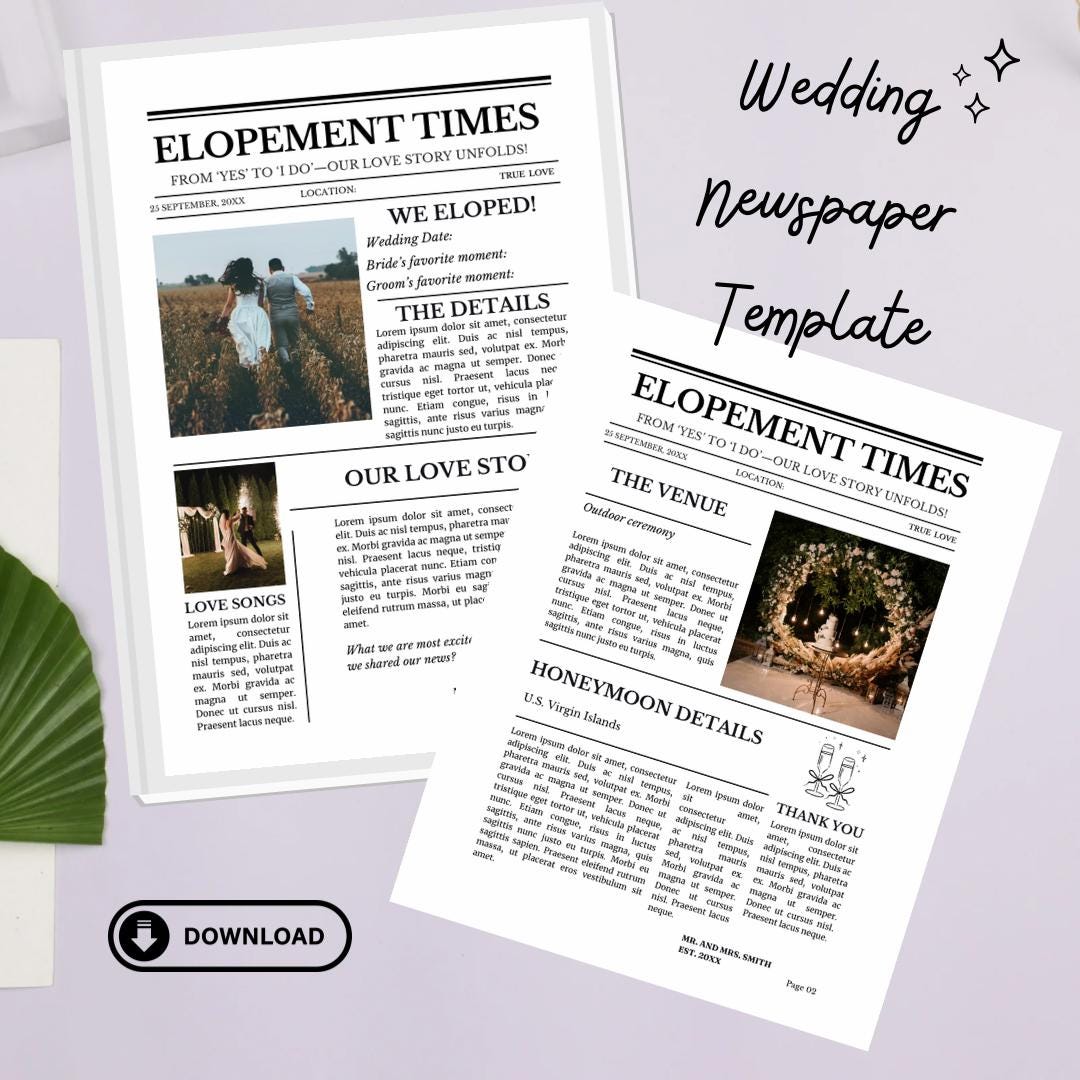 Wedding Newspaper Template | Elopement Announcement | DIY Wedding ...