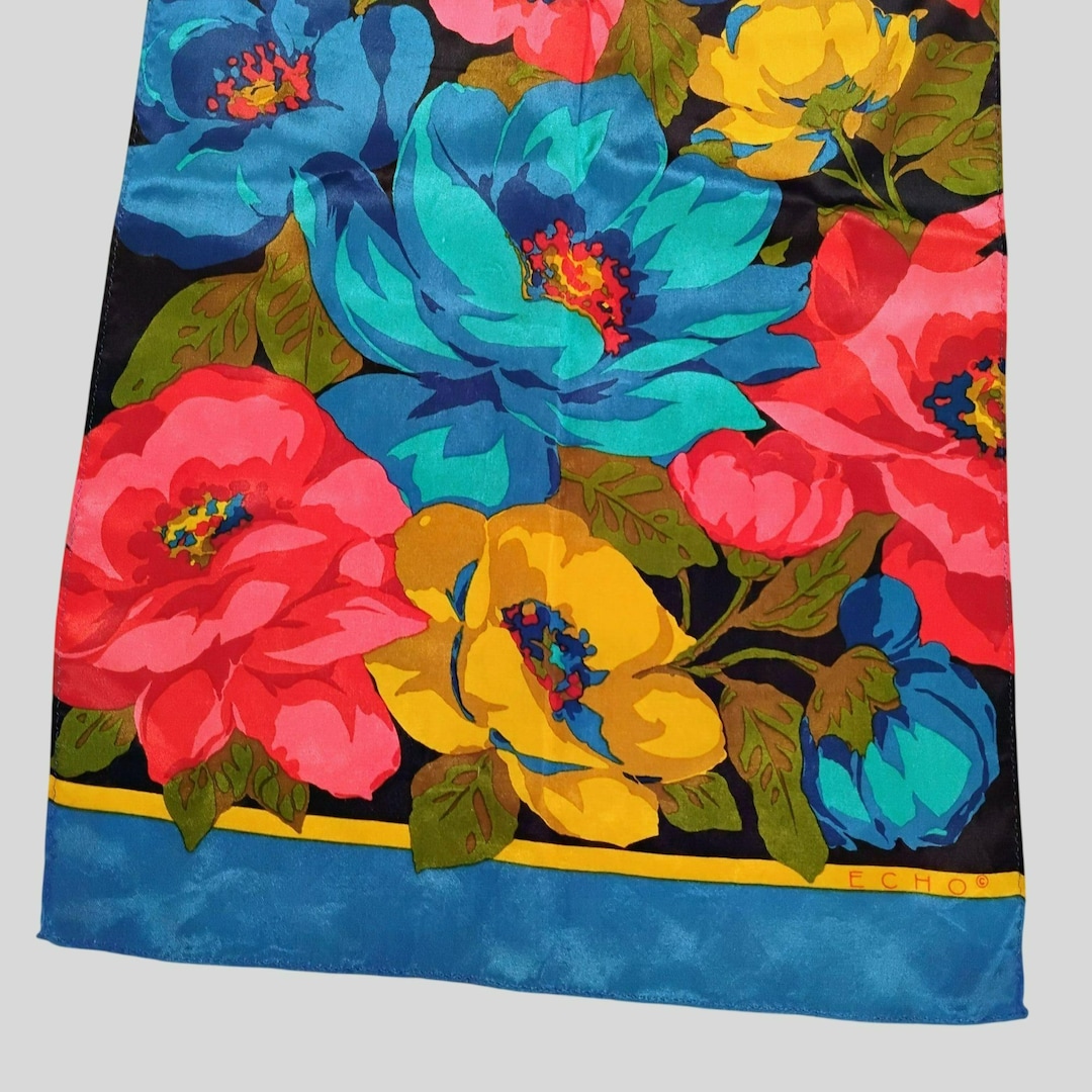 Vintage ECHO Floral Silk Scarf, Large 57x11 Multicolored Flowers Red ...