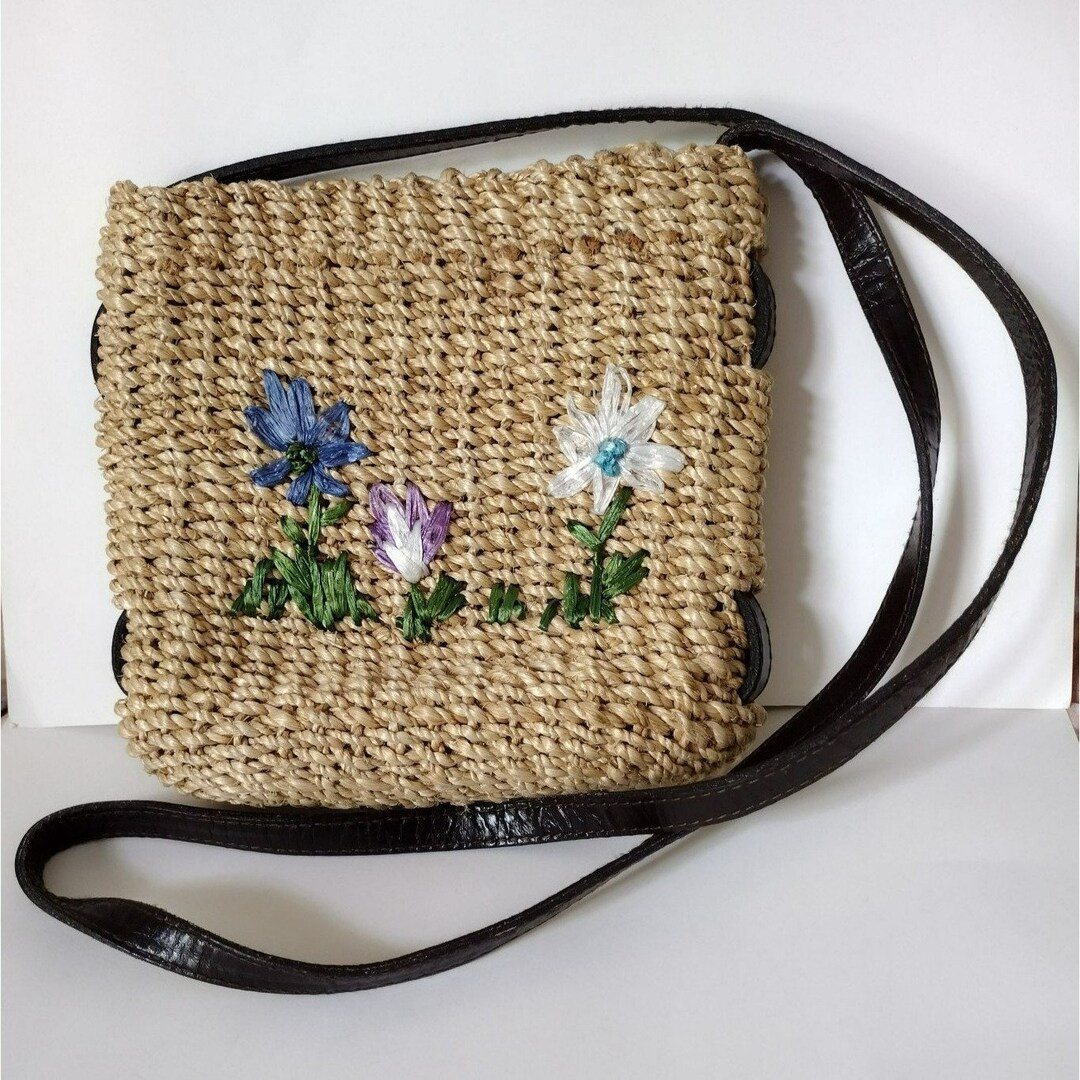 Vintage Straw Purse With Raffia Flowers, Leather Handles, Woven Jute ...