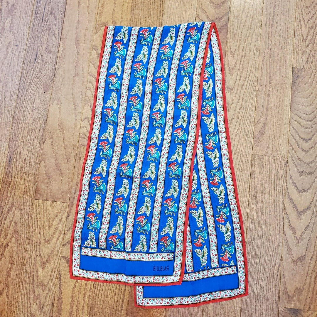 Vintage Bill Blass Designer Scarf, Rectangular, Blue and Red, Floral ...