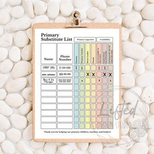 Printable, Colorful Primary Substitute List - Etsy