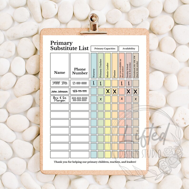 Printable, Colorful Primary Substitute List - Etsy