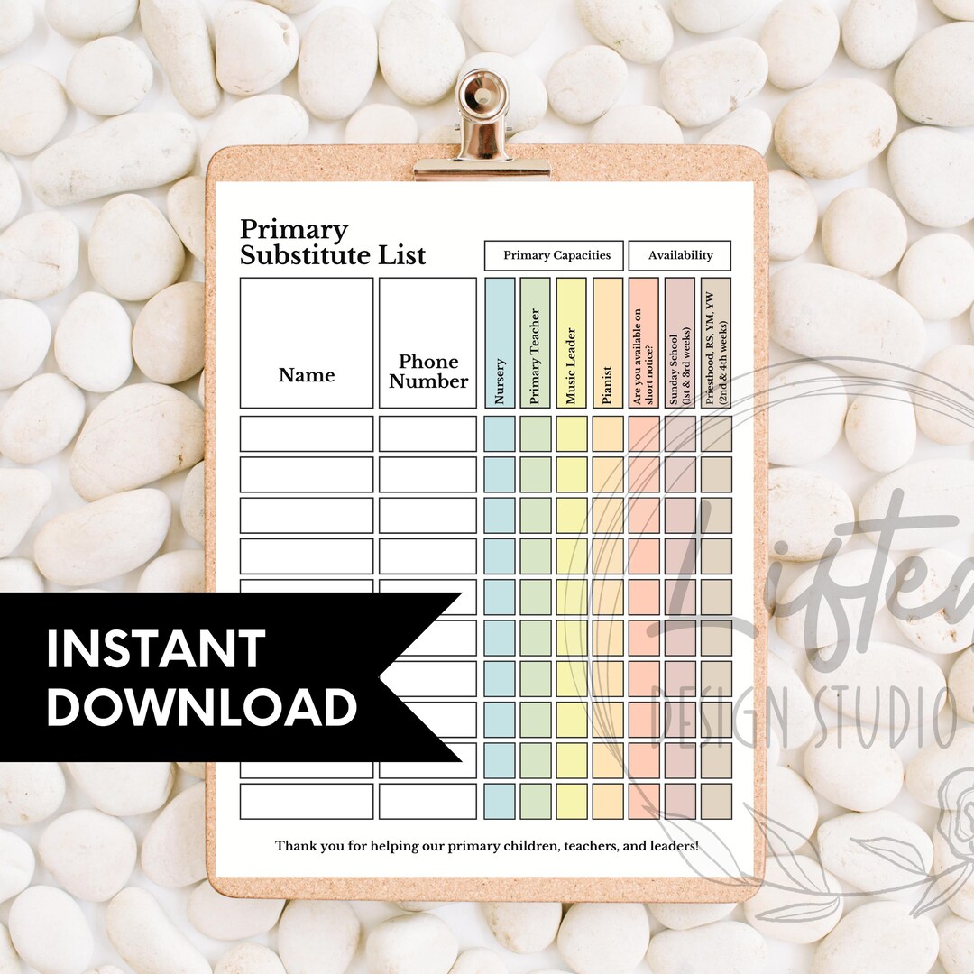 Printable, Colorful Primary Substitute List - Etsy