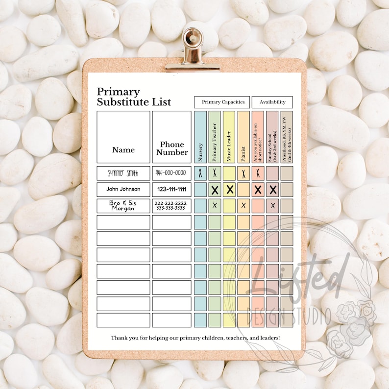 Printable, Colorful Primary Substitute List - Etsy