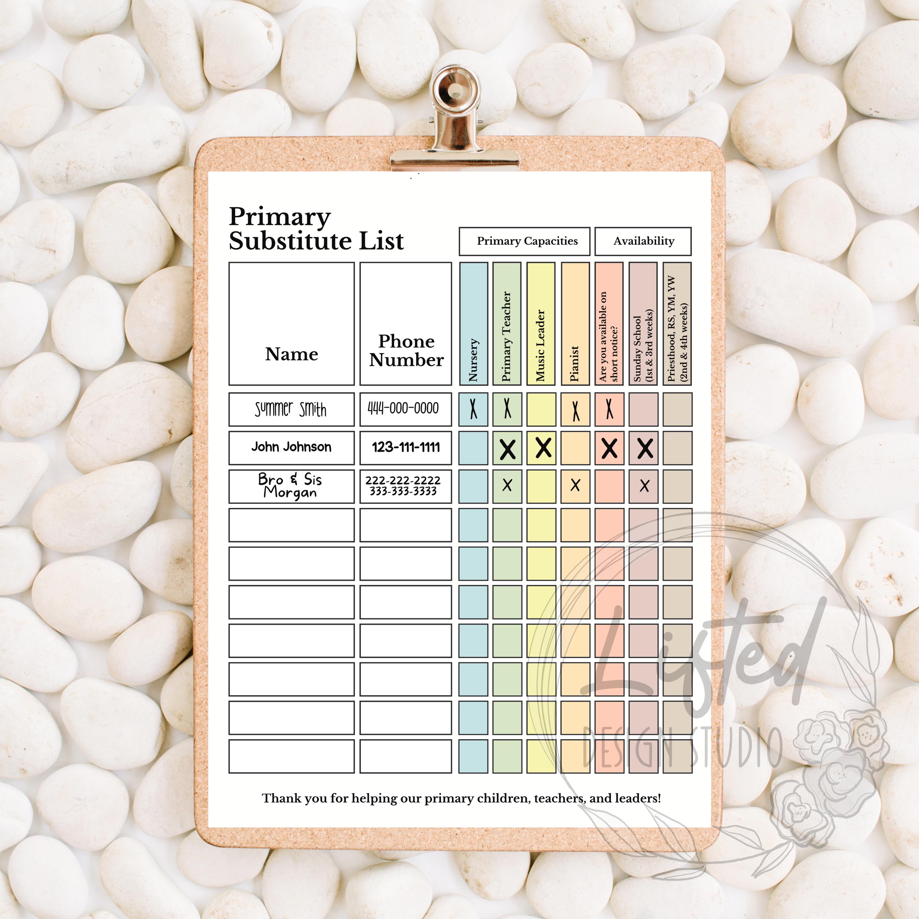 Printable, Colorful Primary Substitute List - Etsy