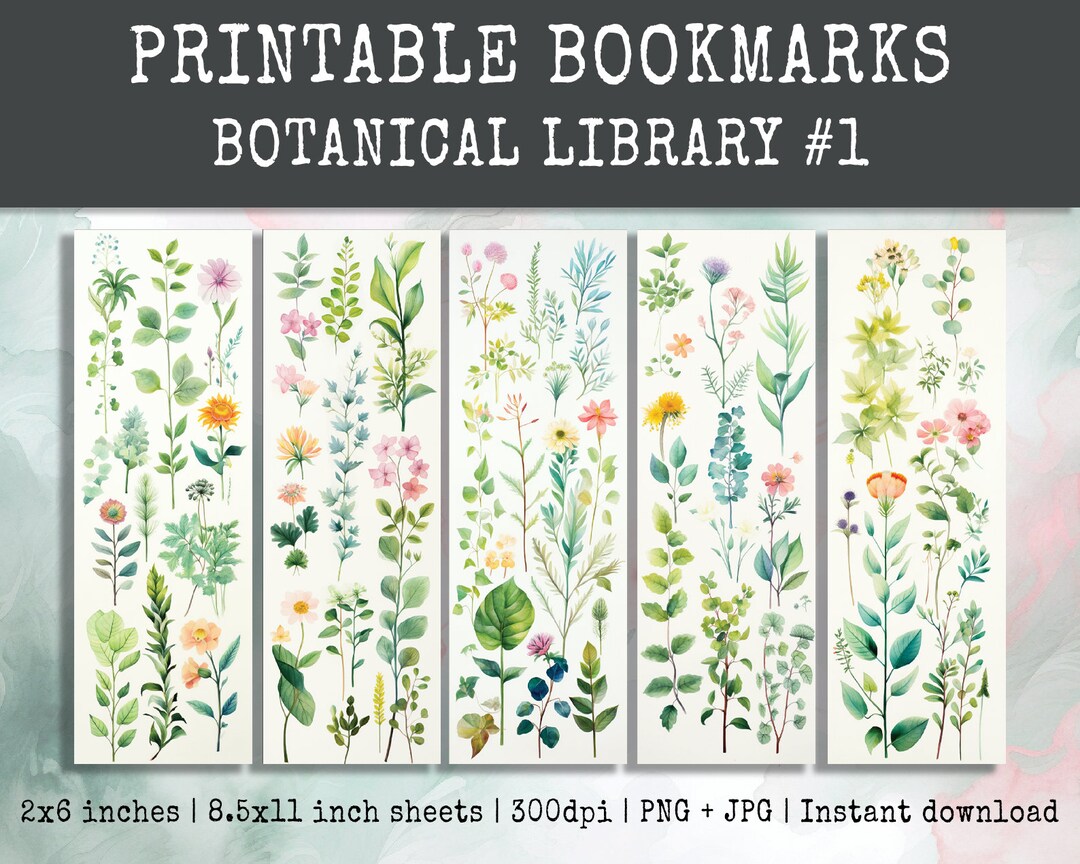 10 Printable Bookmarks Botanical Library 1 Print and Cut - Etsy