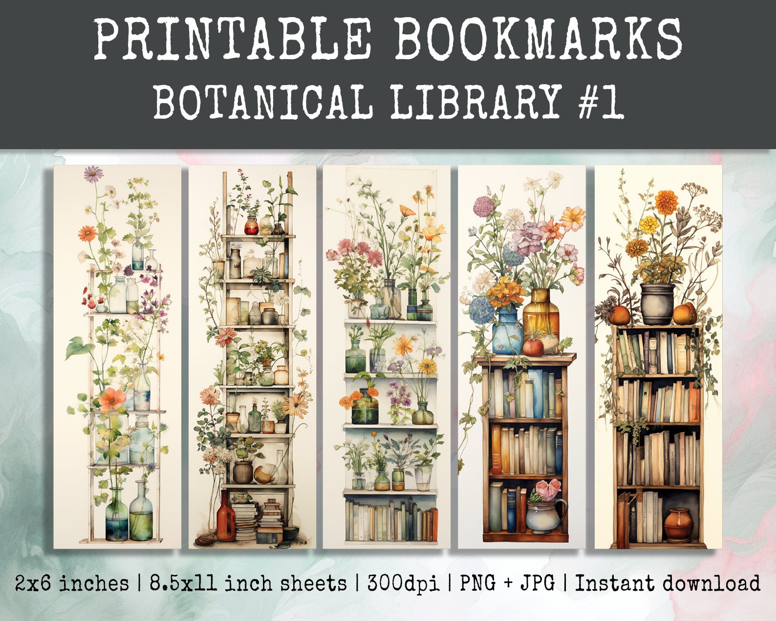 10 Printable Bookmarks | Botanical Library #1 | Print and Cut | Instant ...
