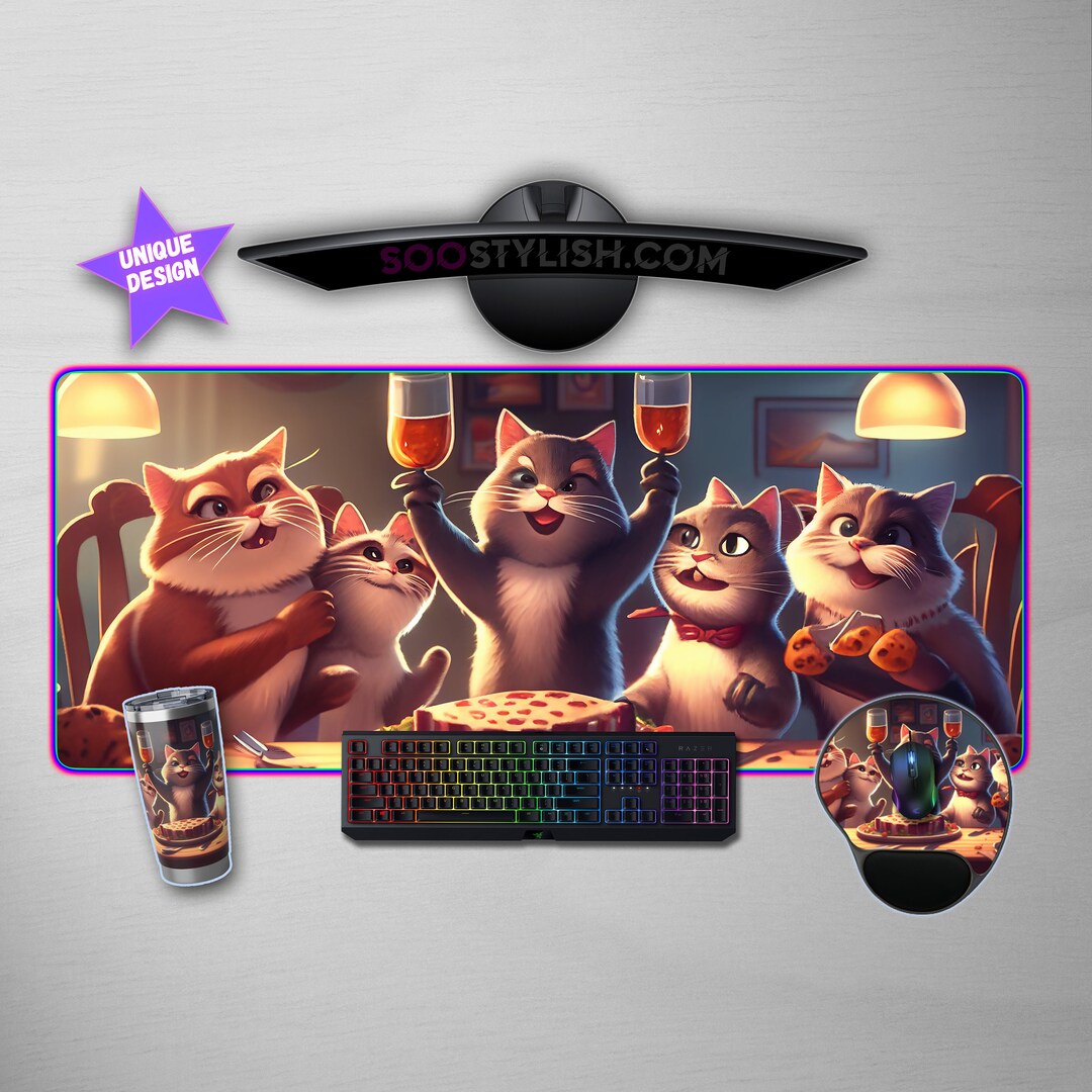 Desk Mat Illustrated Cats Toasting Desk Pad Cats Mouse Pad - Etsy