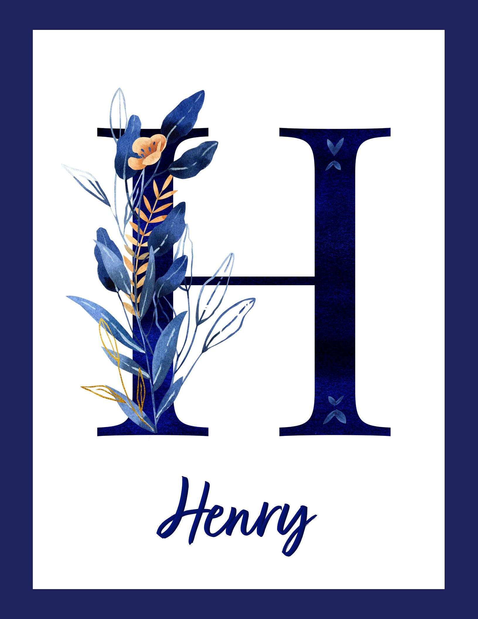 Blue Monogram Custom Printable: Dark Blue Floral Monogram Letter With ...