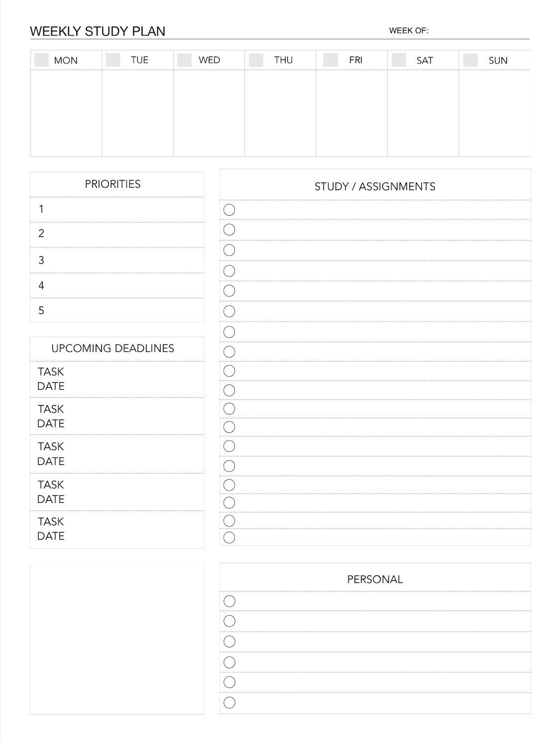 Weekly Study Planner - Student Assignment Tracker - Priorities, Tasks ...