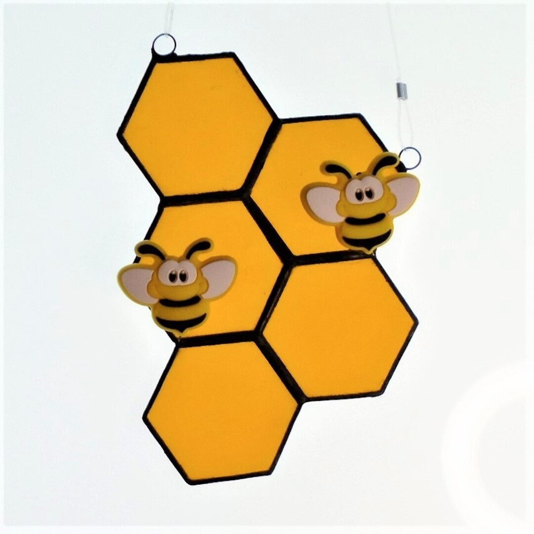 Stained Glass beehive Honeycomb Suncatcher With Two Silicone Bees ...