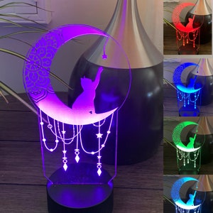 Cat, Moon, Mandala, LED, Acrylic, Sign, Light, Edge Lit, Nightlight ...