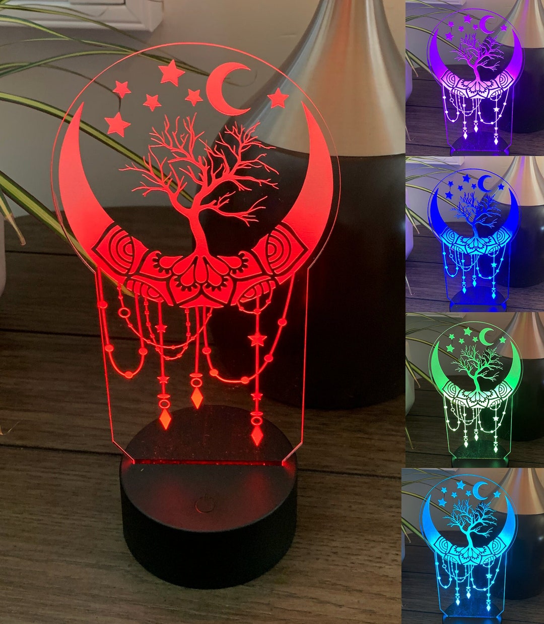 Tree, Moon, Mandala, LED, Acrylic, Sign, Light, Edge Lit, Nightlight ...