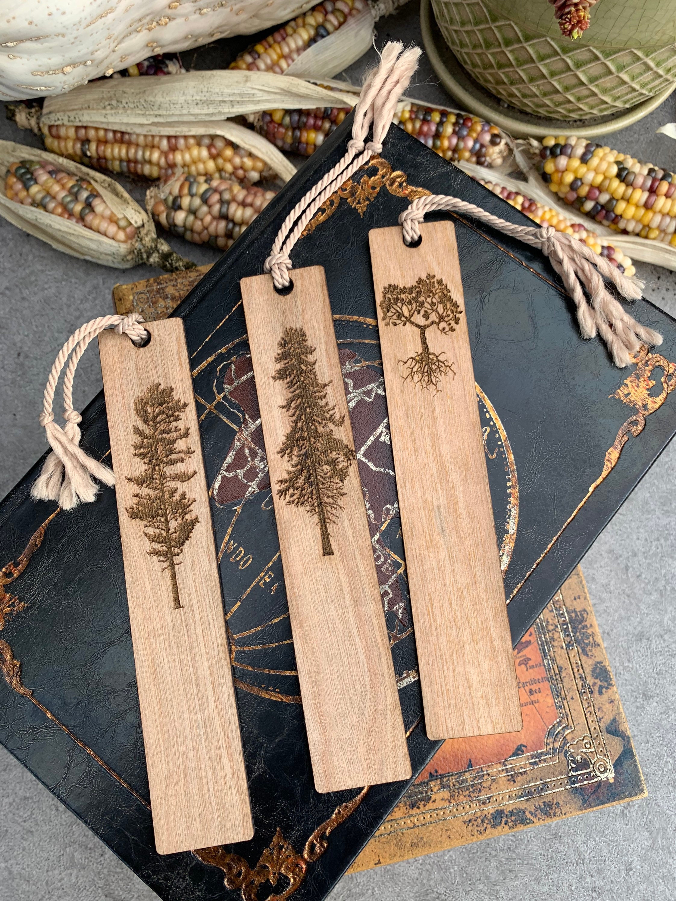 Tree Bookmarks, Set of Three, Wood Bookmarks, Engraved, Tree, Gift ...