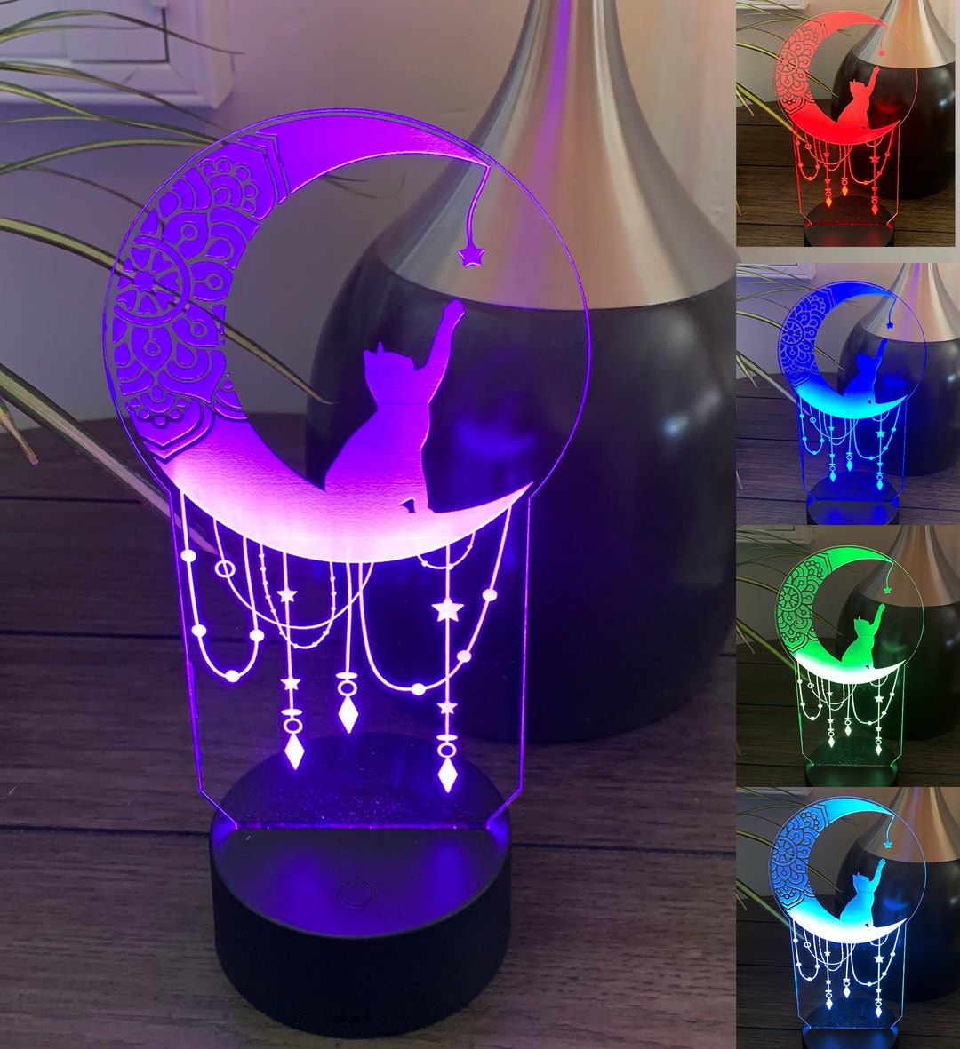 Cat, Moon, Mandala, LED, Acrylic, Sign, Light, Edge Lit, Nightlight ...