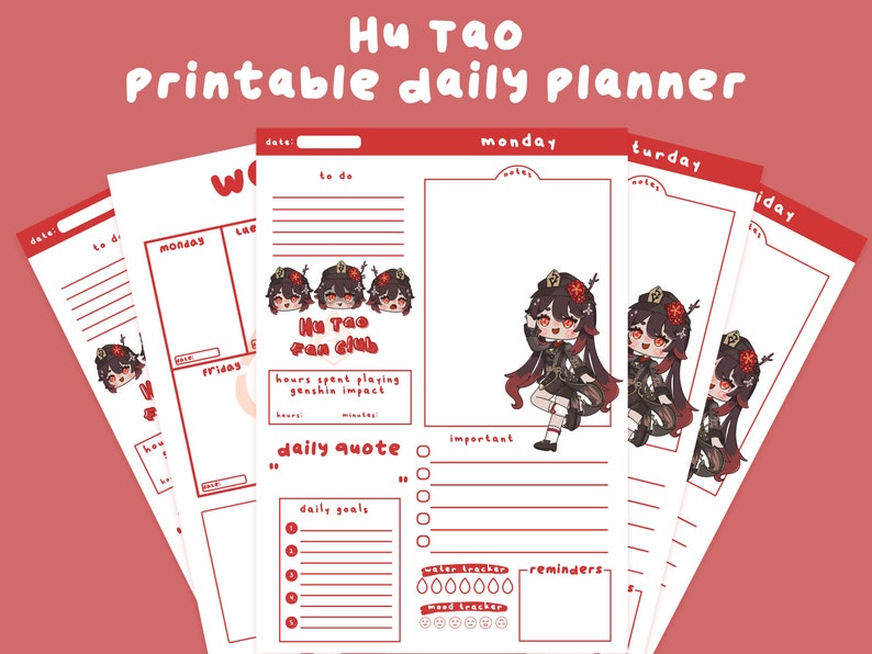 Hu Tao Printable Daily Planner Anime Planner Digital PDF Etsy