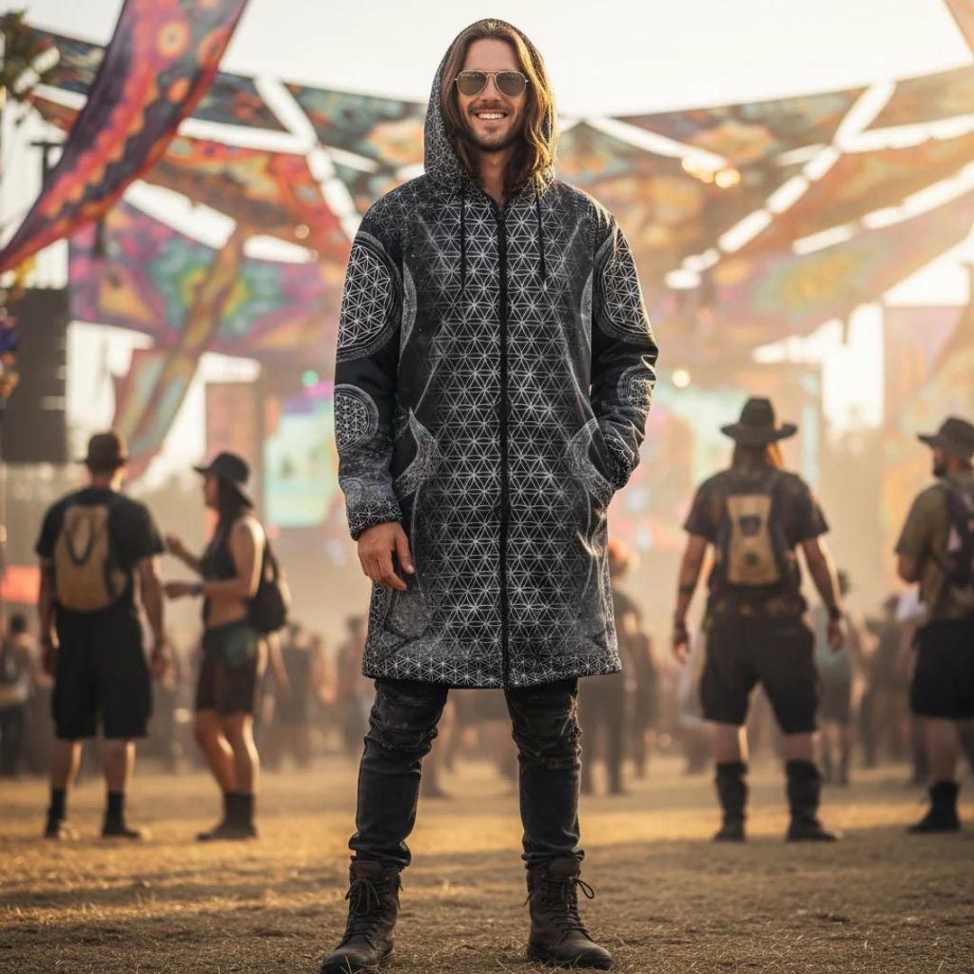Black Festival Cloak, Psychedelic Rave Coat With Hood, Visionary Wizard ...