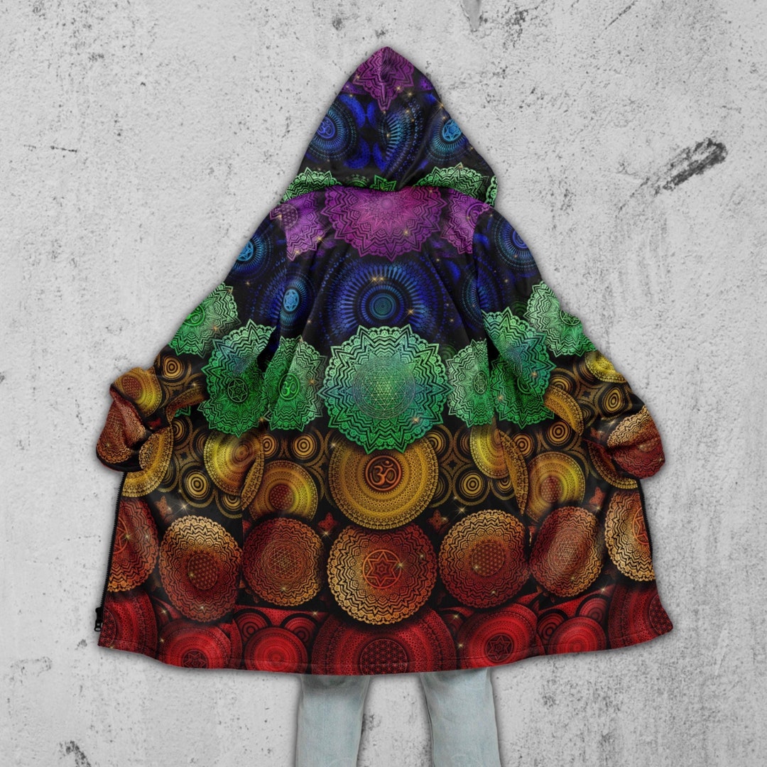 Festival Hooded Cloak • Chakra Mandala Rainbow Rave Hoodie • Zip up ...
