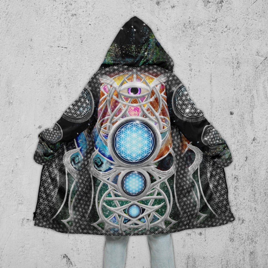 Mystic Eye Silver Trippy Festival Cloak Spiritual Rave Coat With Hood ...