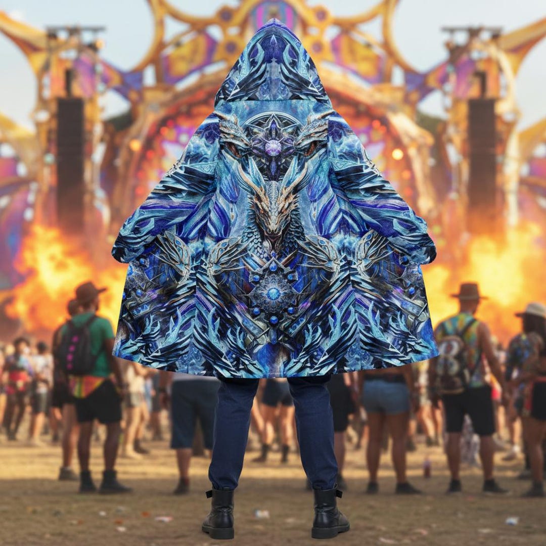 Dragon Zip up Cloak, Blue Psychedelic Festival Hoodie, Fantasy Rave ...