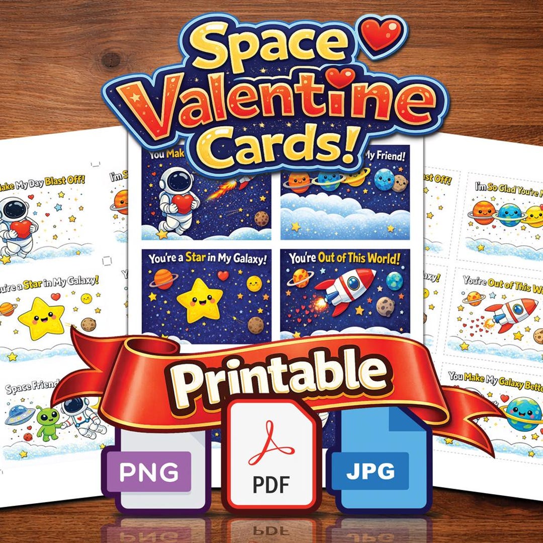 Printable Space Valentine Cards for Kids, Astronaut Rocket Classroom ...