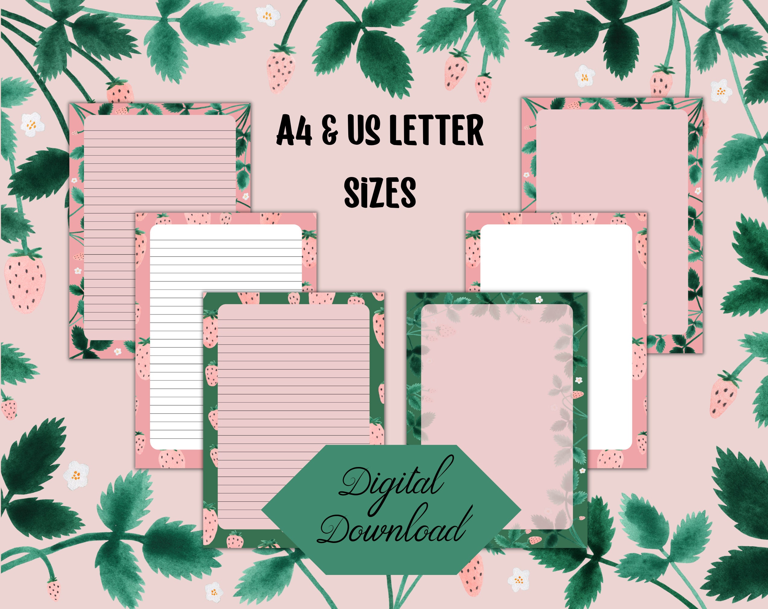 Printable Stationery Set Strawberry Writing Sheets Lined & Unlined A4 ...