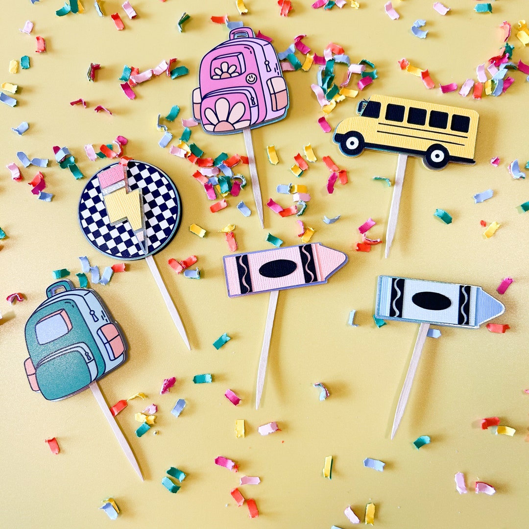 Retro Backpack & Lightning Bolt Cupcake Toppers for School Parties. - Etsy