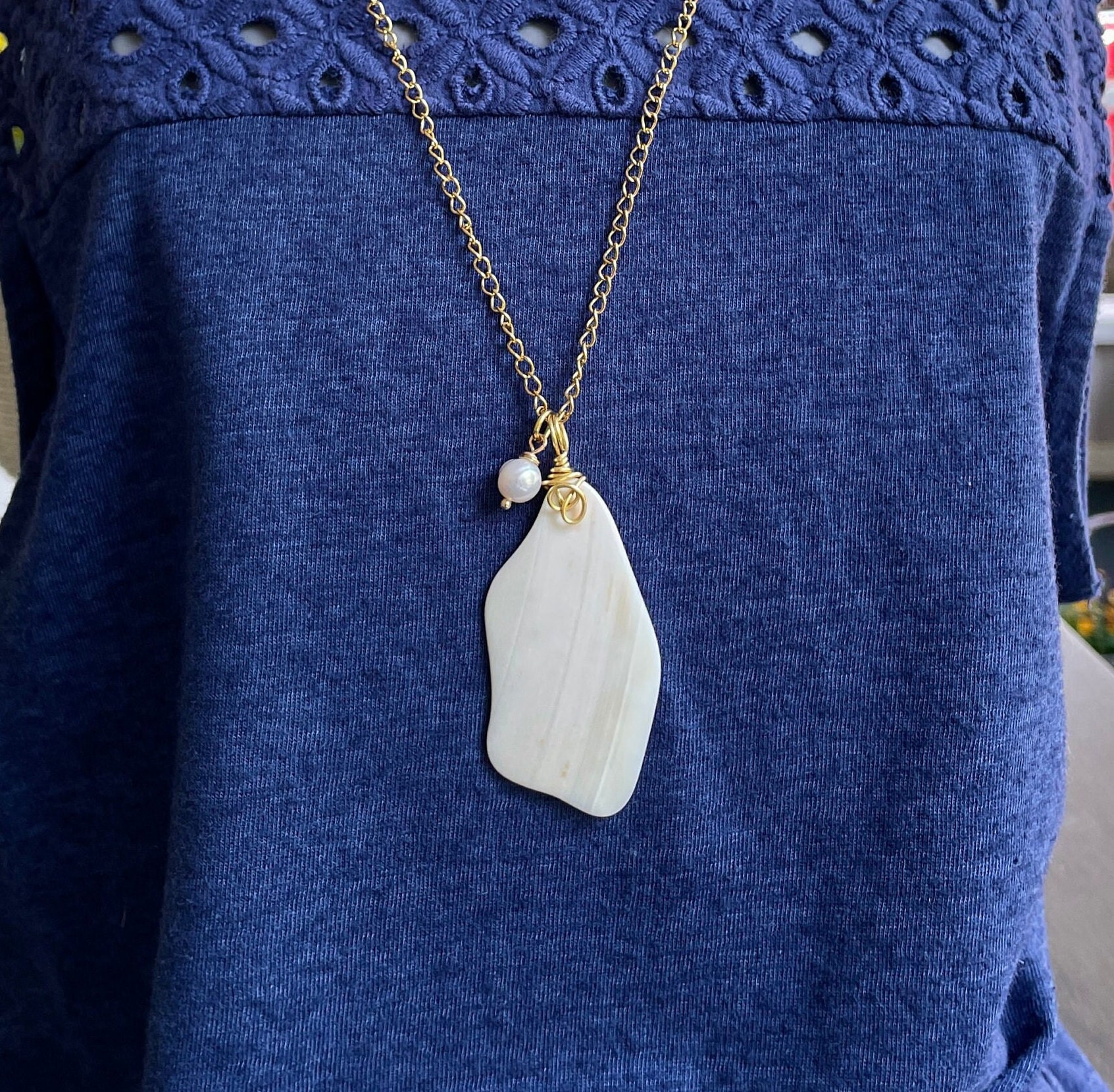 Real Seashell Long Chain Necklace, Gold Wire Smooth Shell Necklace ...