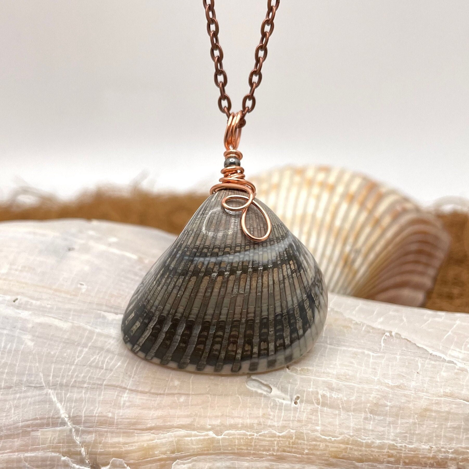 Smooth Natural Blue Seashell Pendant, Copper Wire Wrapped Shell ...