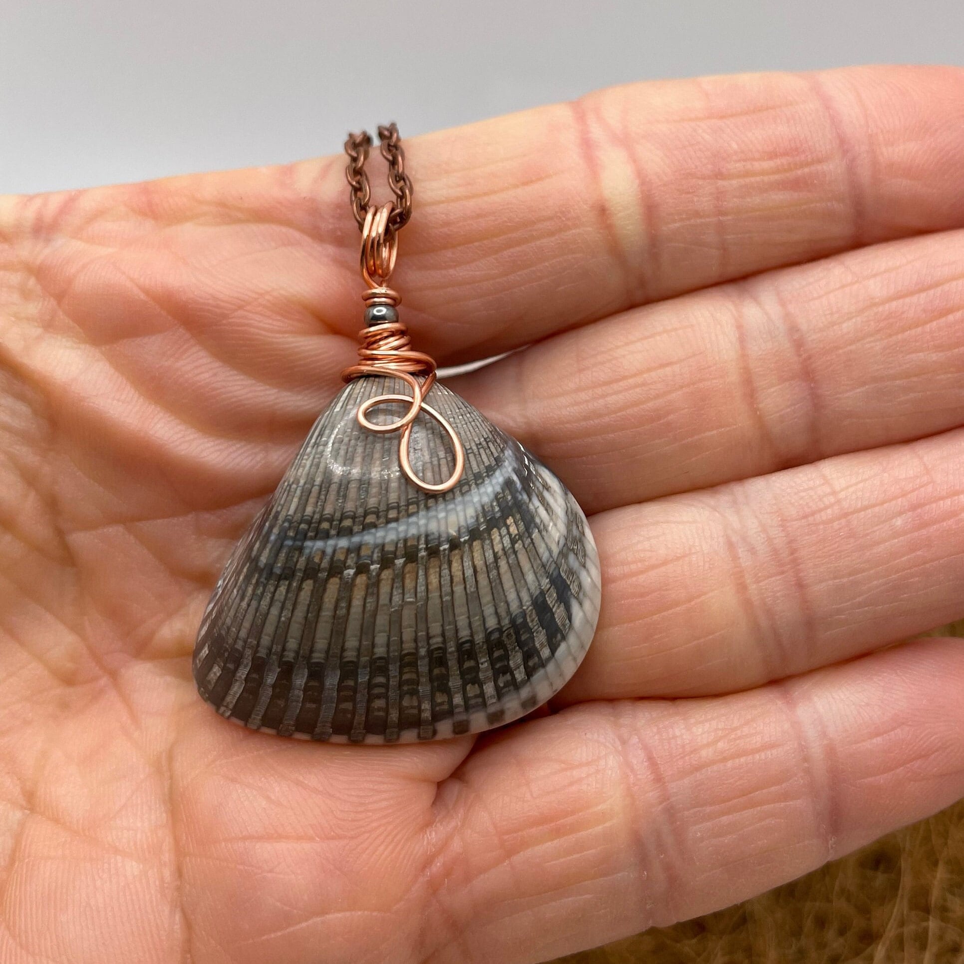 Smooth Natural Blue Seashell Pendant, Copper Wire Wrapped Shell ...