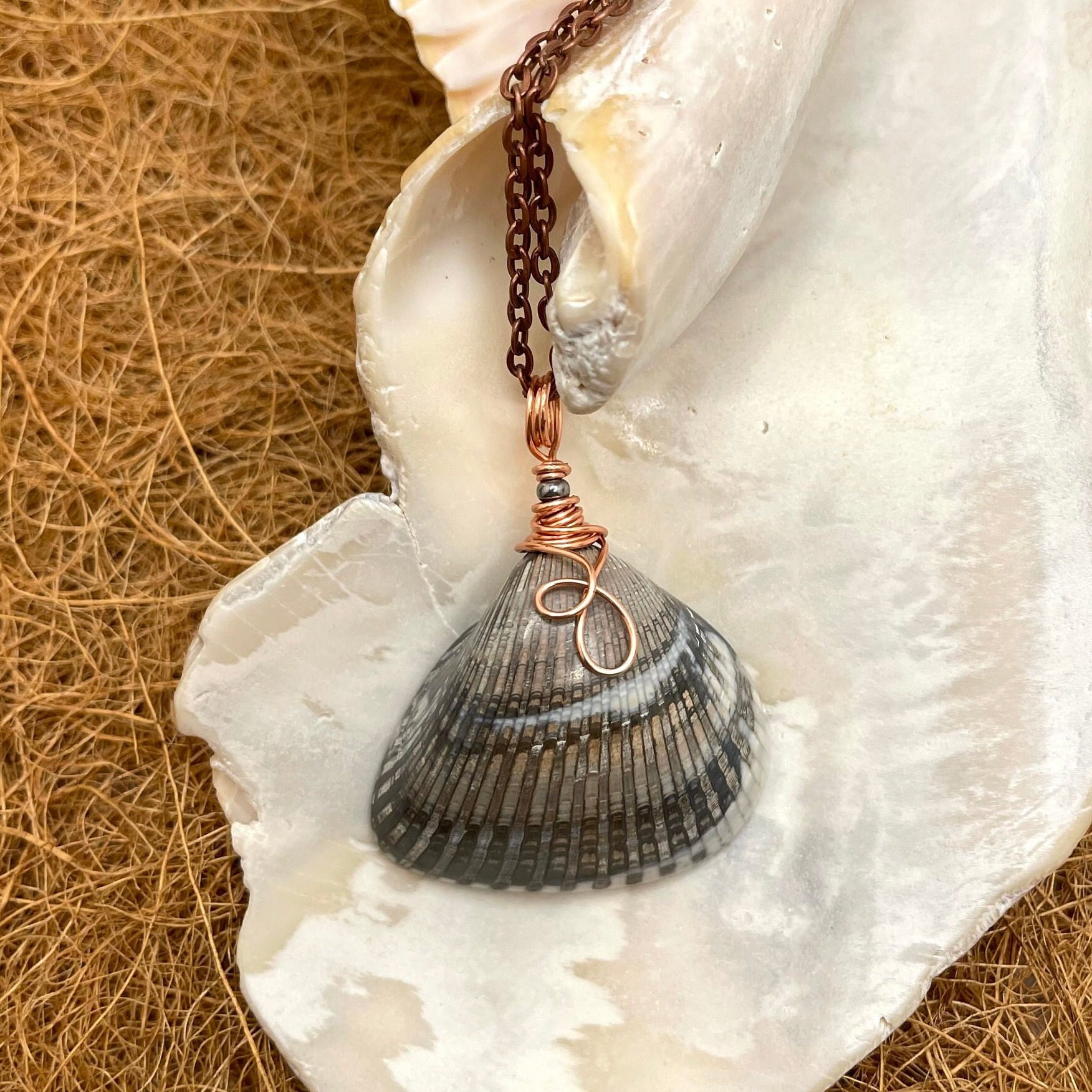 Smooth Natural Blue Seashell Pendant, Copper Wire Wrapped Shell ...