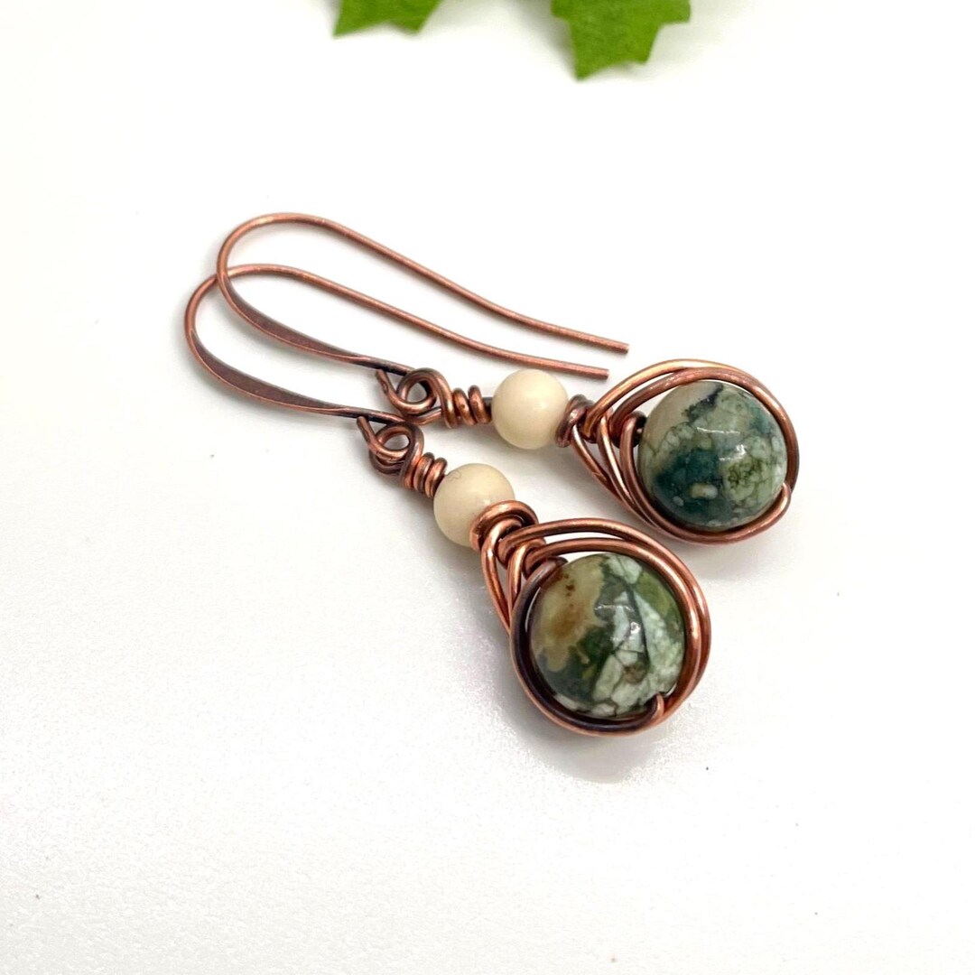 Rainbow Jasper Bead Earrings; Copper Herringbone Weave Dangles; Wire ...