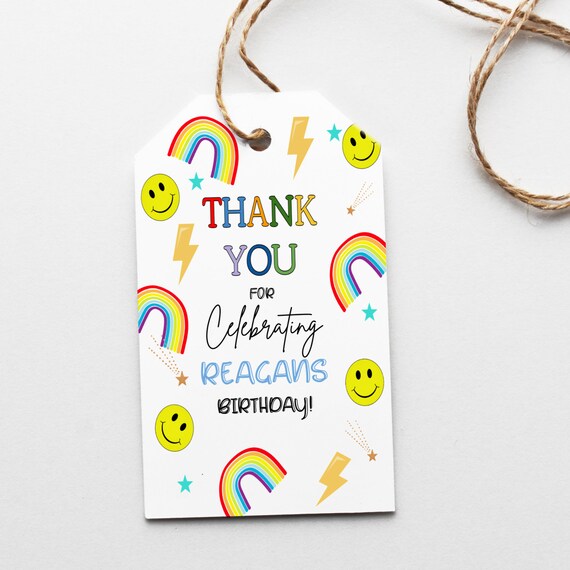 EDITABLE Rainbow Birthday Tag Thank You Tag Smiley Faces - Etsy