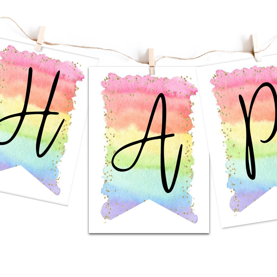 EDITABLE, Rainbow Birthday Banner, Happy Birthday Banner, Watercolor ...