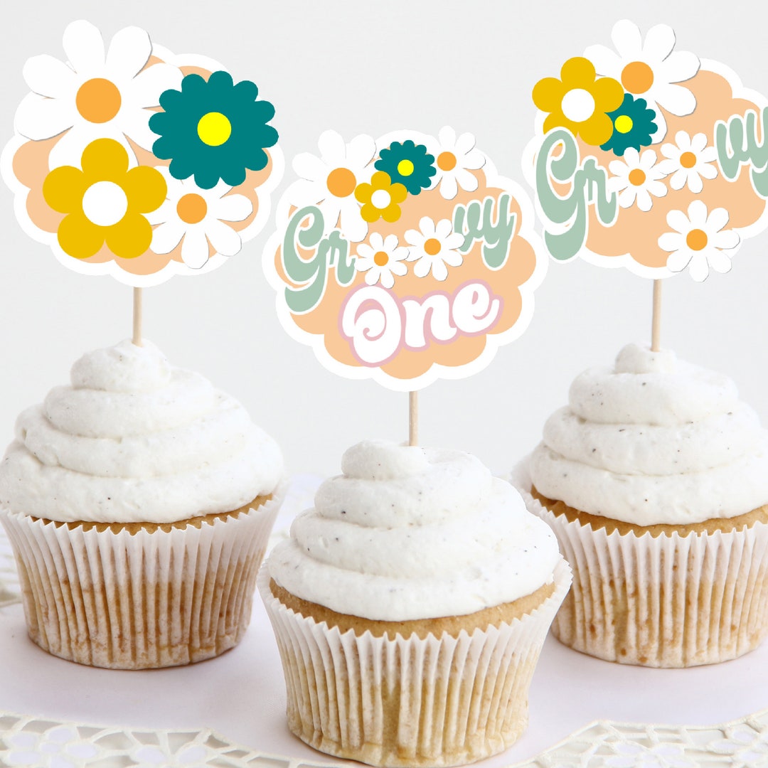 EDITABLE, Groovy ONE, TWO Groovy, Retro Birthday, Cupcake Topper ...