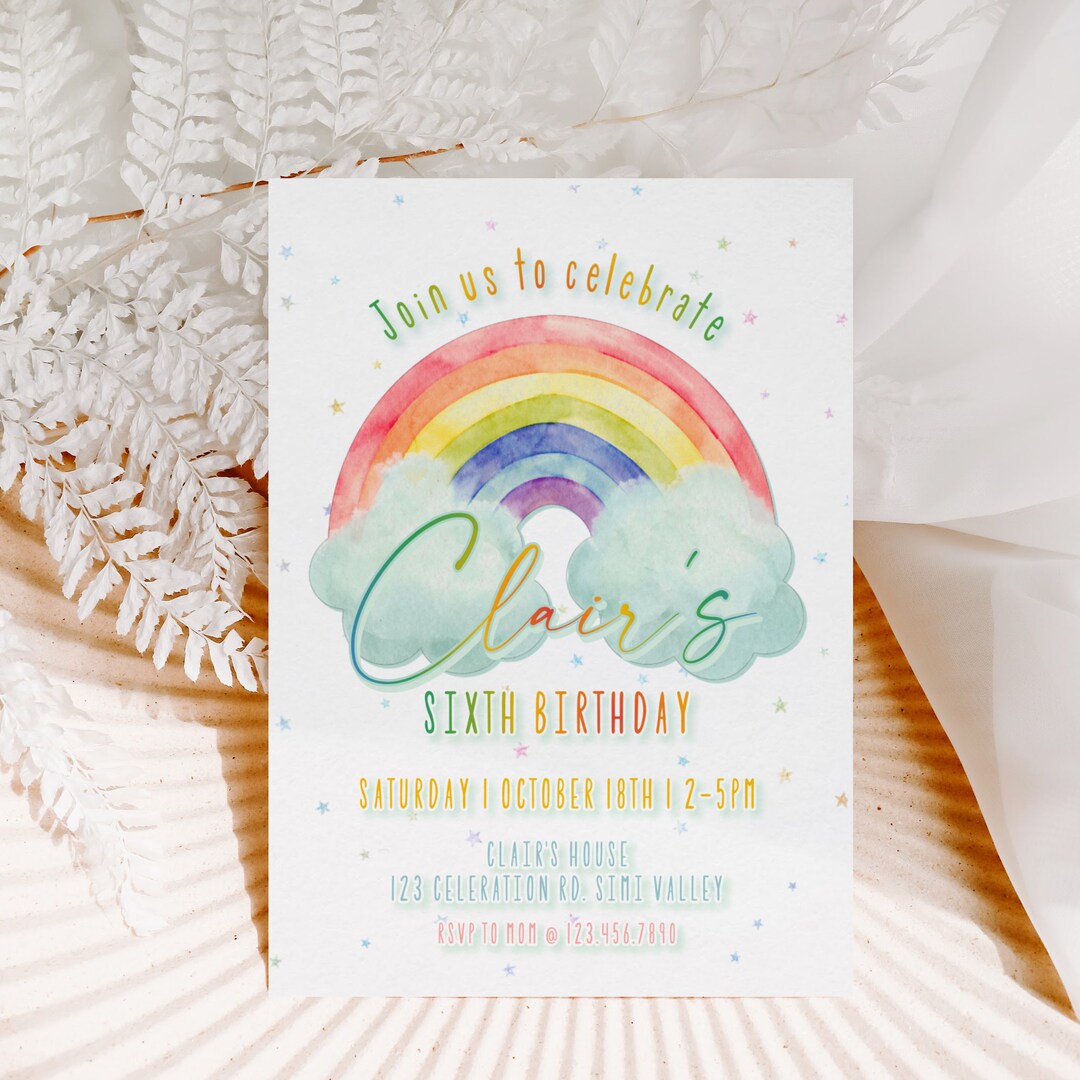 EDITABLE, Rainbow Birthday Invitation, Any Age, Watercolor, Rainbow ...