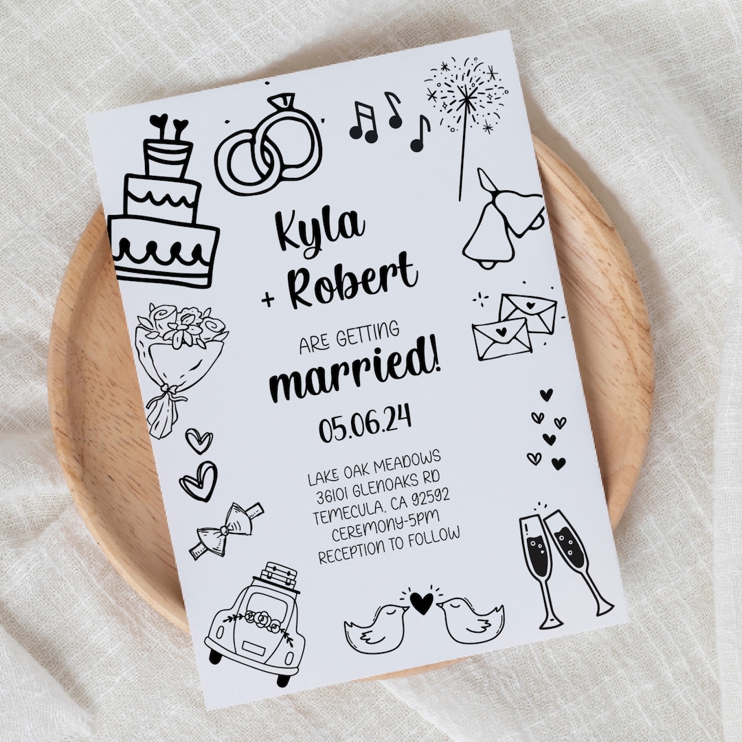 Wedding Invitation, Doodle Invite, Modern Wedding, Minimalist, Casual Reception, Informal ...