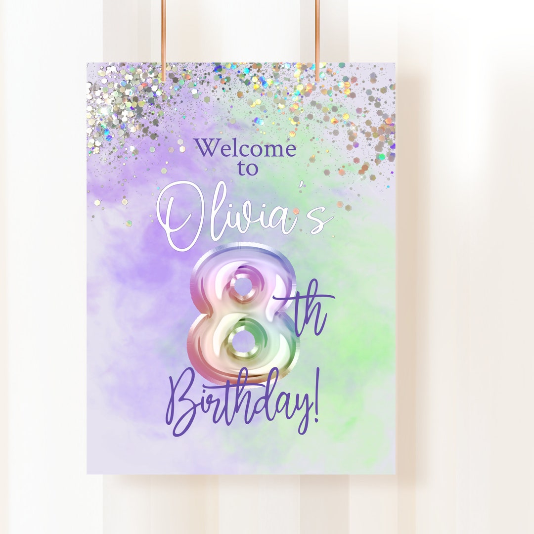 EDITABLE, Eighth Birthday, 8th Birthday Poster, Holographic, Birthday ...