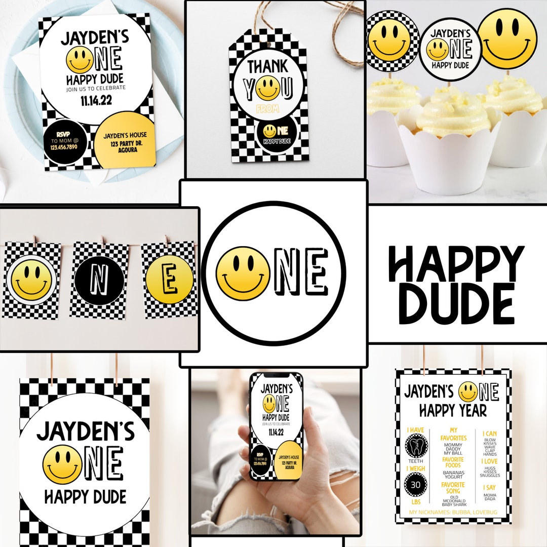EDITABLE, ONE Happy Dude, Smiley Face 1st Birthday, First Birthday, One ...