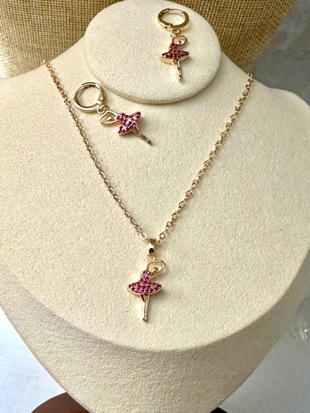 18K Laminated Gold Ballerina Necklace With Earrings Pink and Gold ...