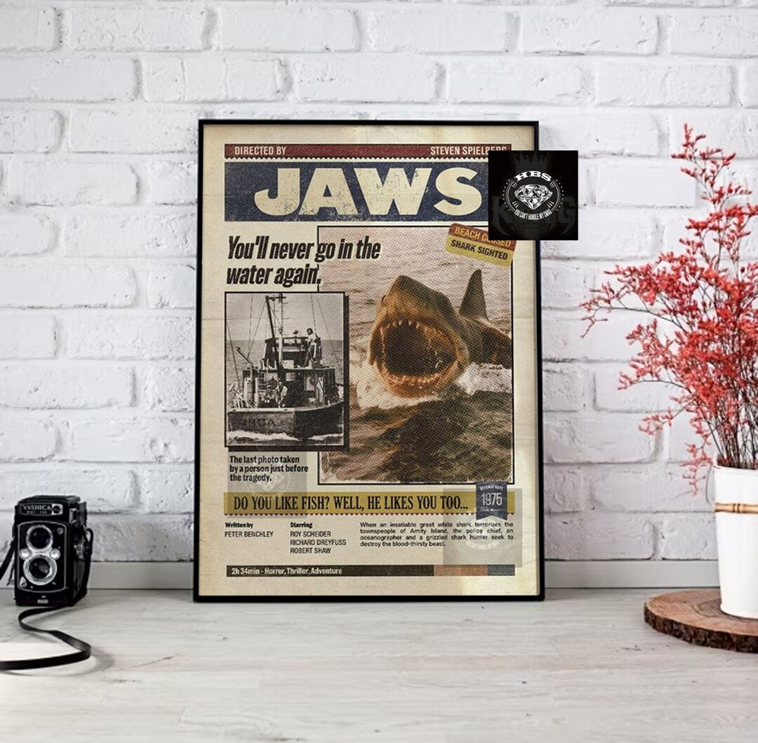 Jaws 1975 Horror Movie Poster, Martin Brody Amity Island Retro Classic ...