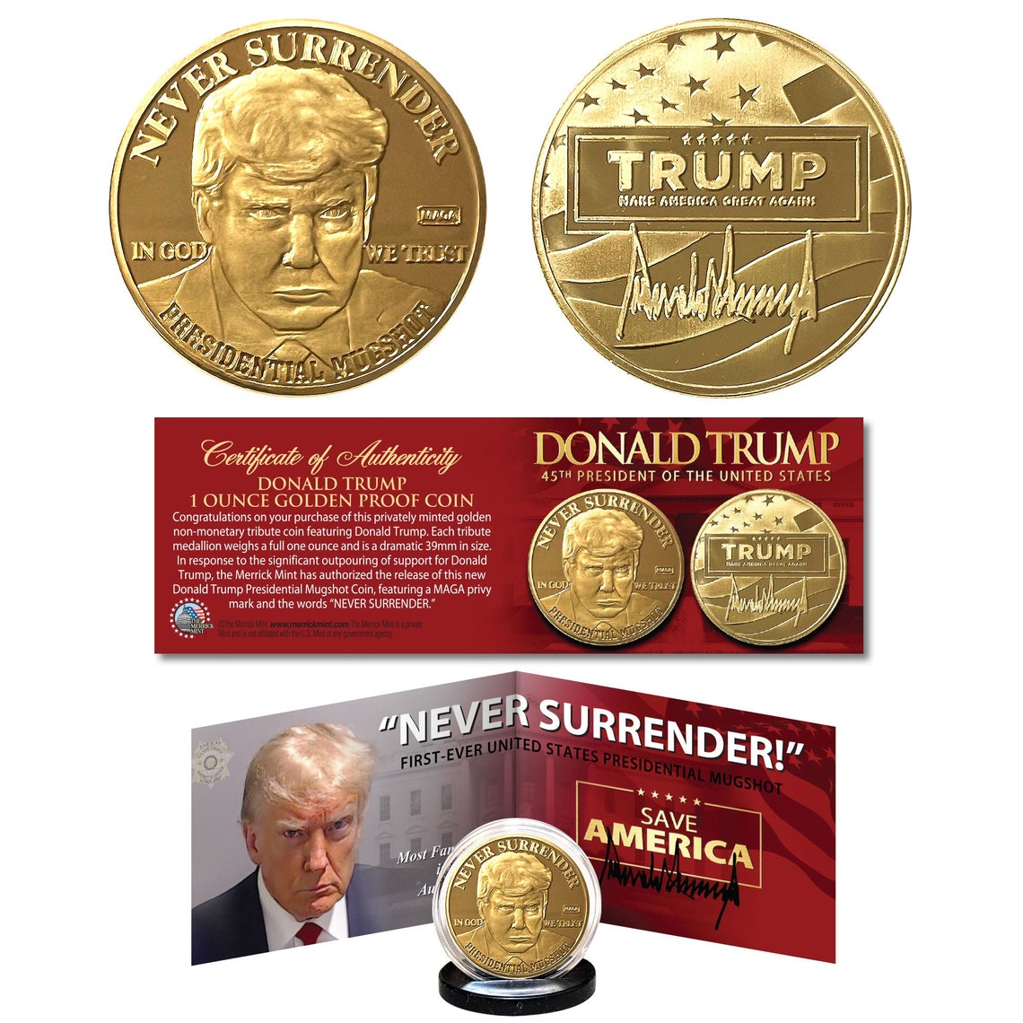 Trump Mugshot Golden Proof Coin 1 Ounce & 39mm MAGA Privy Mark - Etsy