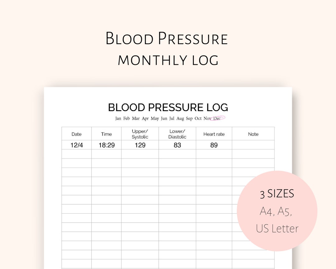 Blood Pressure Monthly Log, Blood Pressure Tracker, Blood Pressure Log ...
