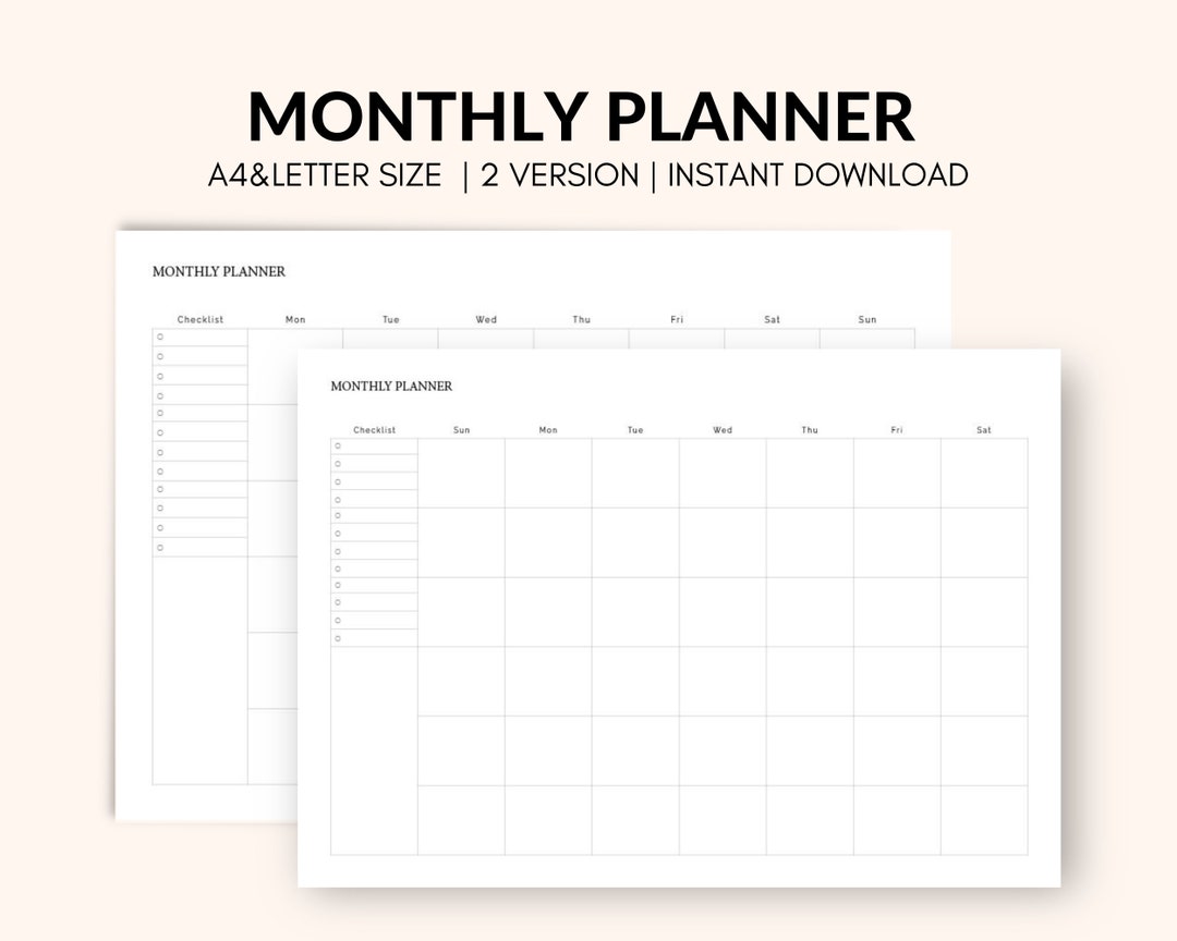 Undated Monthly Checklist Printable Planner, Productivity Monthly ...