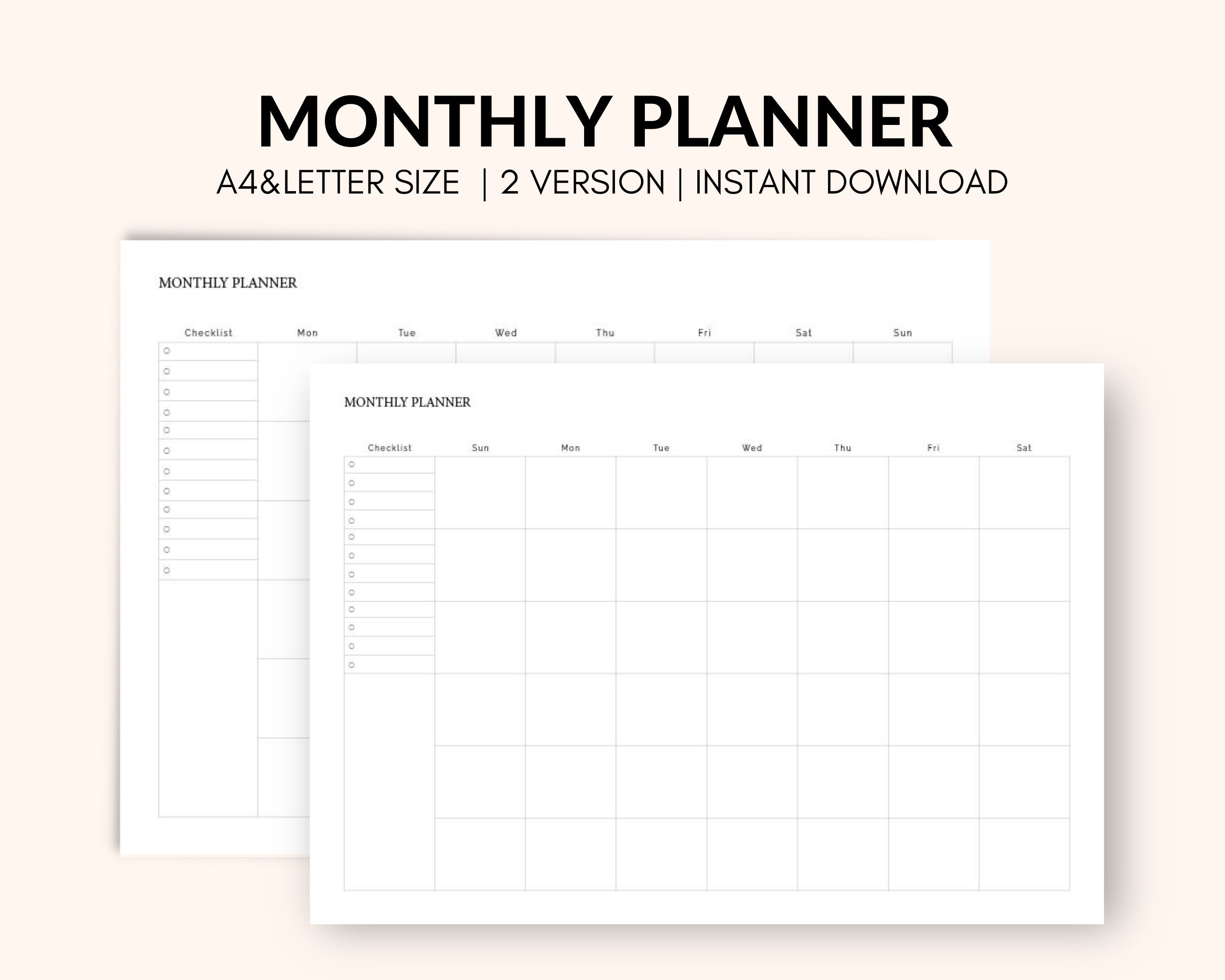 Undated Monthly Checklist Printable Planner, Productivity Monthly ...