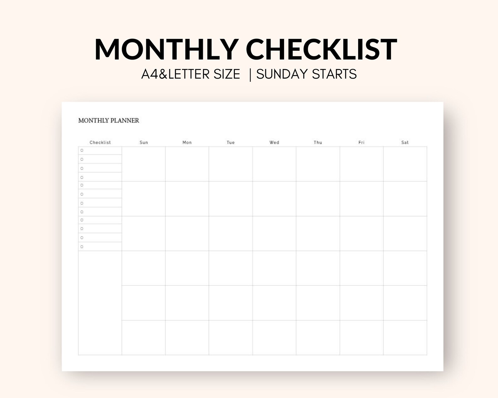 Undated Monthly Checklist Printable Planner, Productivity Monthly ...