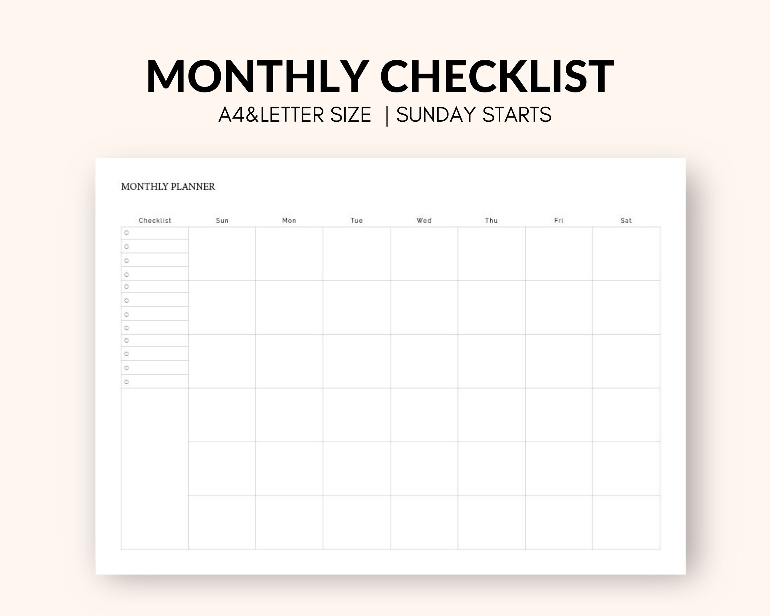 Undated Monthly Checklist Printable Planner, Productivity Monthly ...