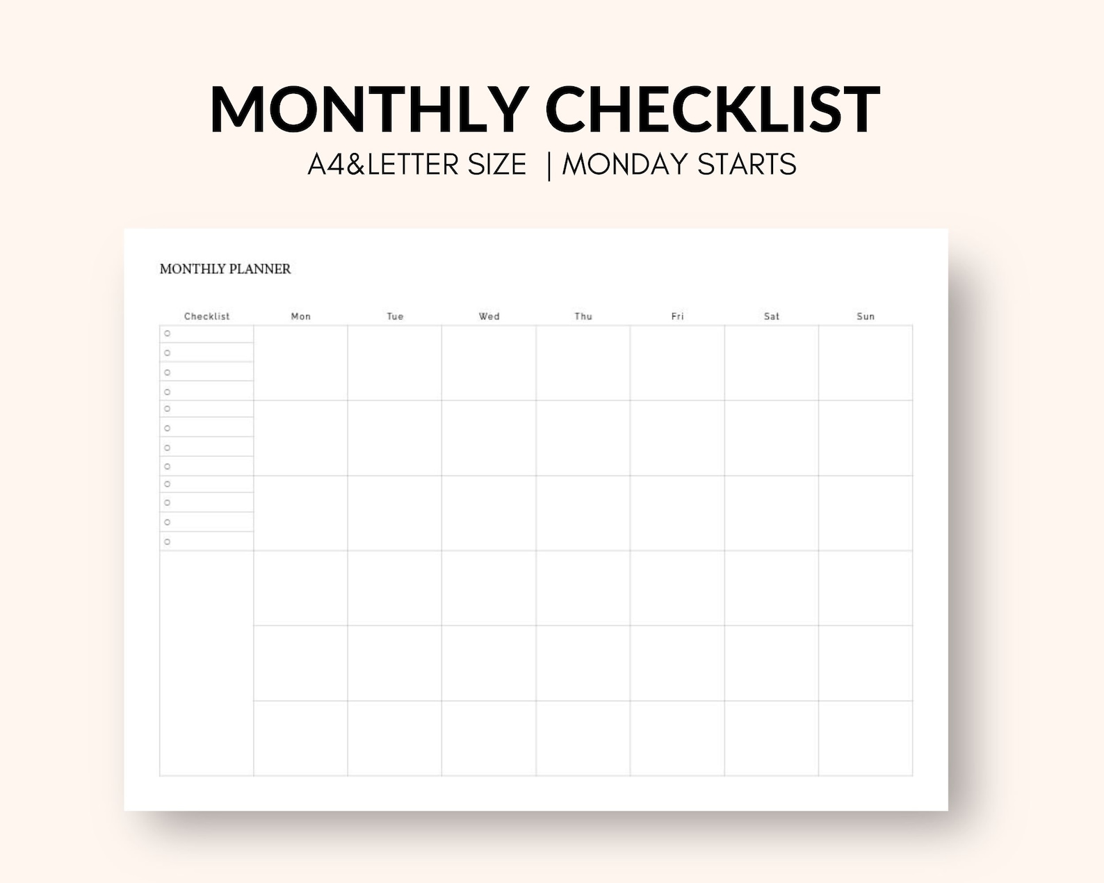 Undated Monthly Checklist Printable Planner, Productivity Monthly ...